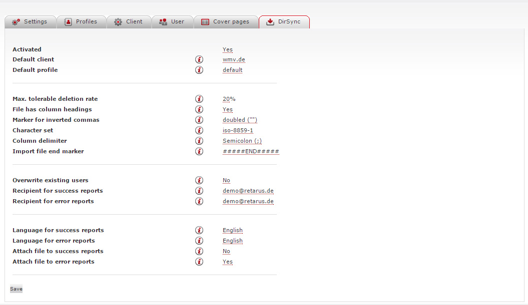 DirSync settings for Email-to-Fax