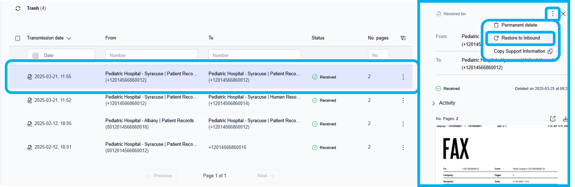 Restore/Undelete faxes